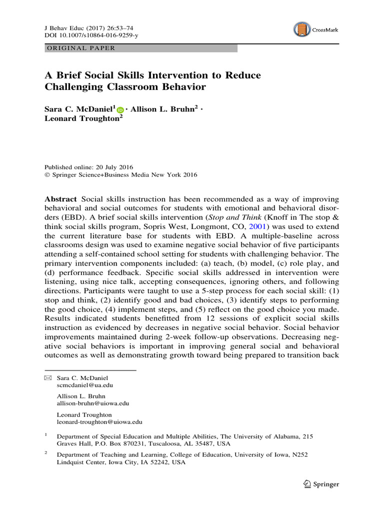 (T) A Brief Social Skills Intervention to Reduce Challenging Classroom Behavior | PDF ...