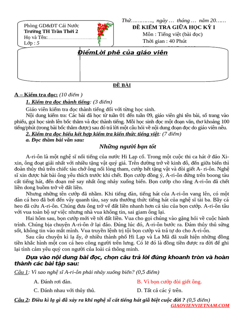 De Thi Giua Hoc Ki 1 Mon Tieng Viet Lop 5 Nam 2017 2018 | PDF