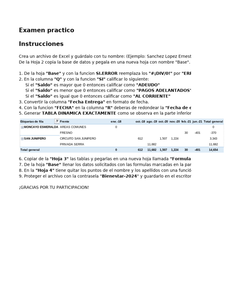 Examen Excel Bienestar | PDF