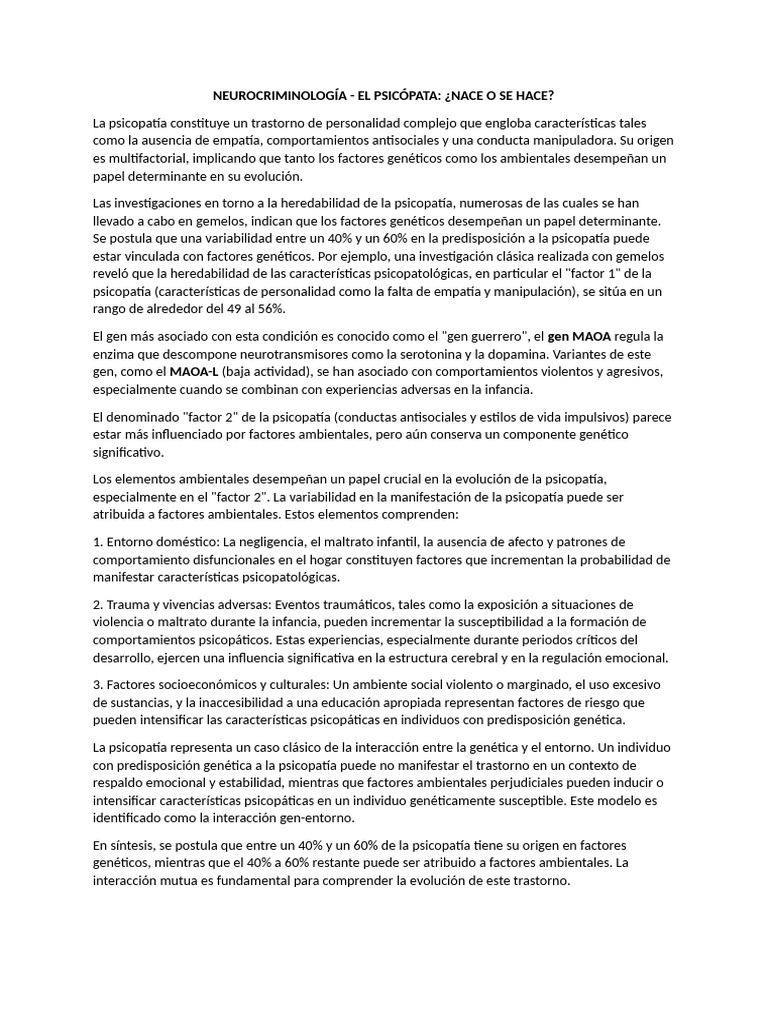 NEUROCRIMINOLOGÍA - EL PSICÓPATA: ¿NACE O SE HACE? | PDF | Psicopatía ...