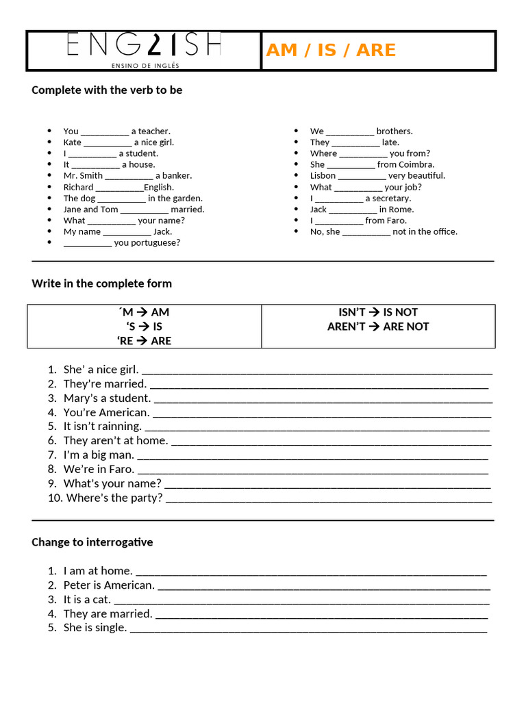 Verb To Be Exercises for Beginners | PDF