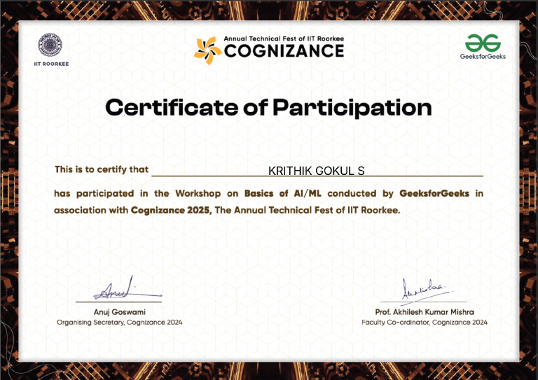 KRITHIK GOKUL S Certification of Participation in Basics of AI ML ...