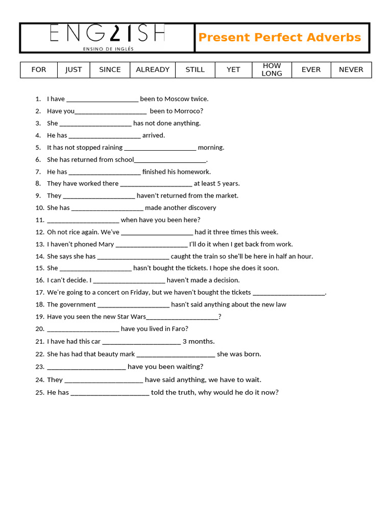 Worksheet - Present Perfect Adverbs | PDF