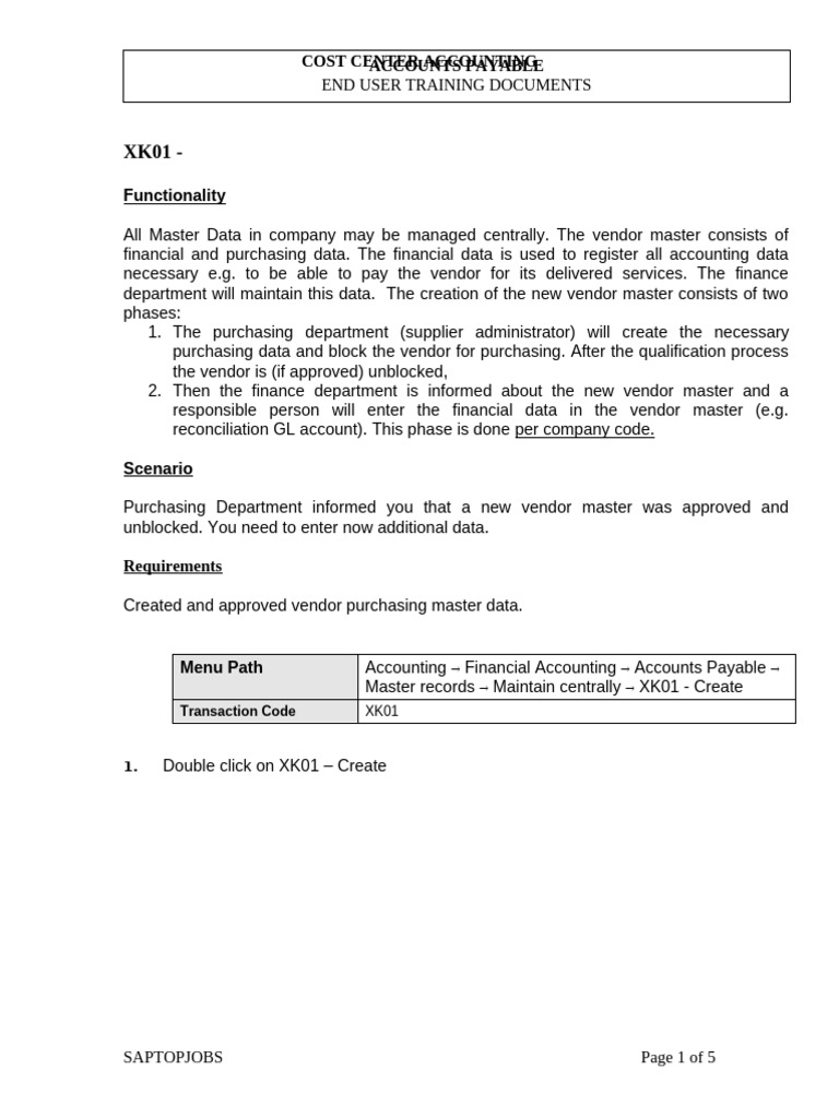 XK01 Create Vendor Master | PDF | Accounts Payable | Computing