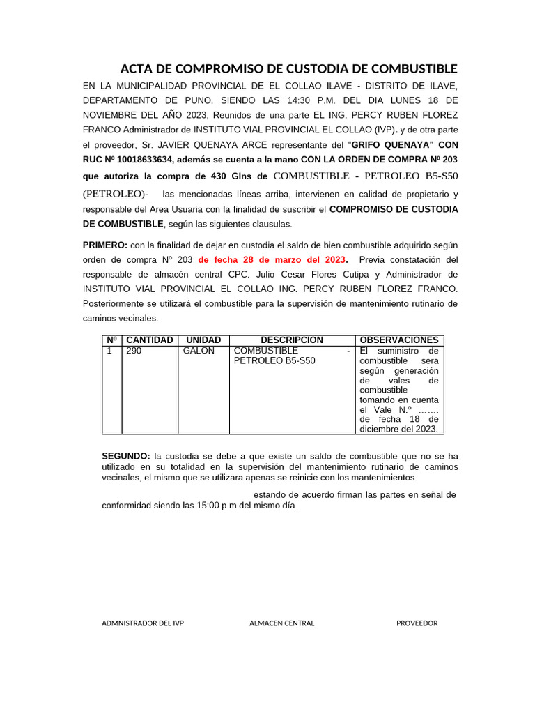 Acta de Custodia Temporal de Bienes | PDF