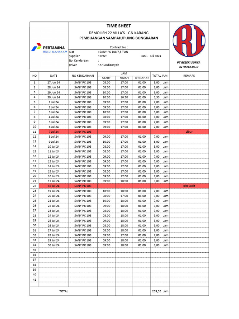 Timesheet Operator Exca | PDF