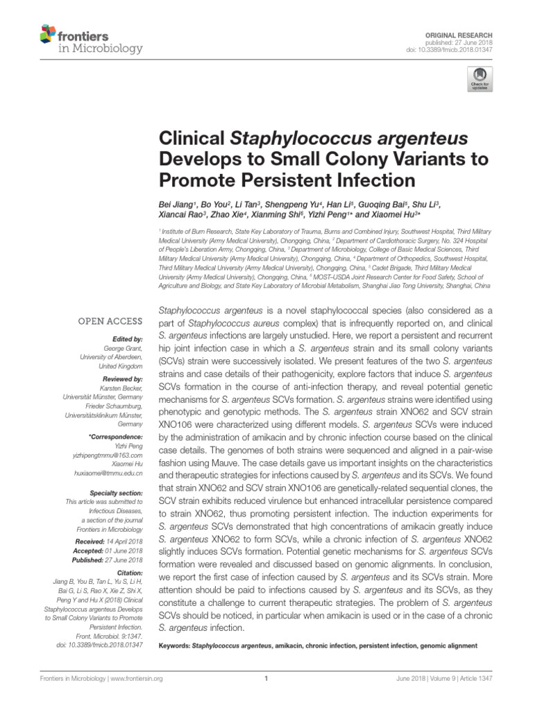 Clinical S. Argenteus Develops To Small Colony Variants To Promote ...