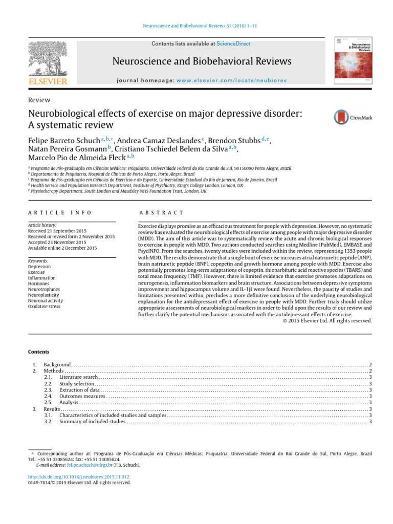 2016, Neurobiological effects of exercise on major depressive disorder - A systematic review ...