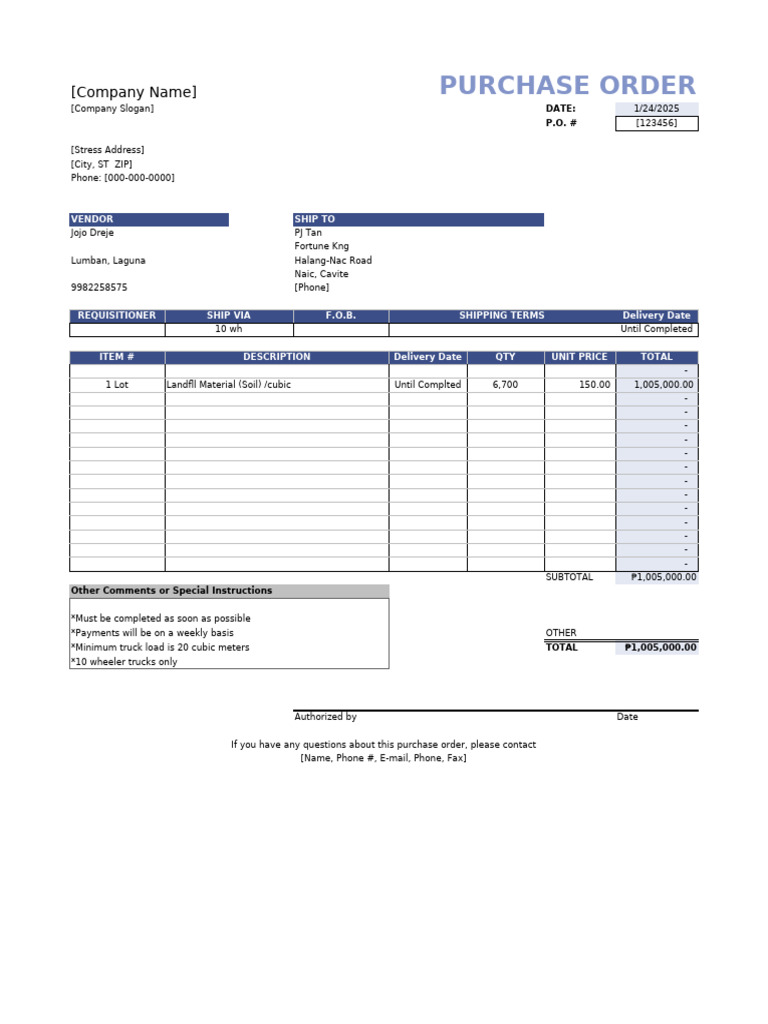 Simple Purchase Order Template | PDF