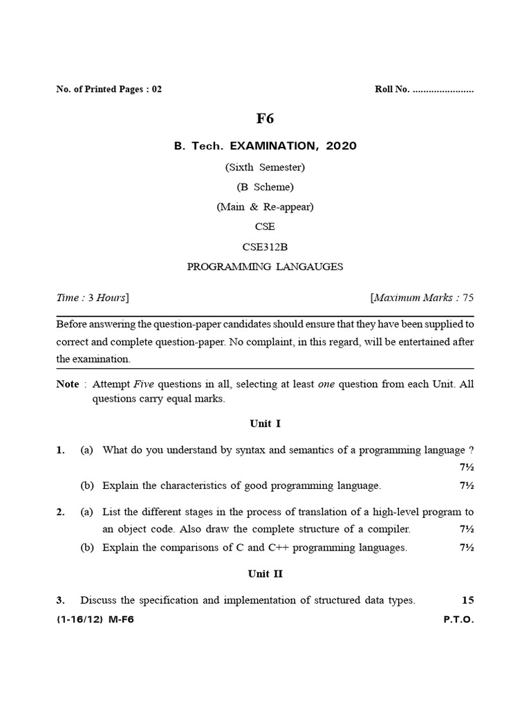 btech-cse-6-sem-programming-langauges-f6-2020 | PDF | Programming Language | Computing