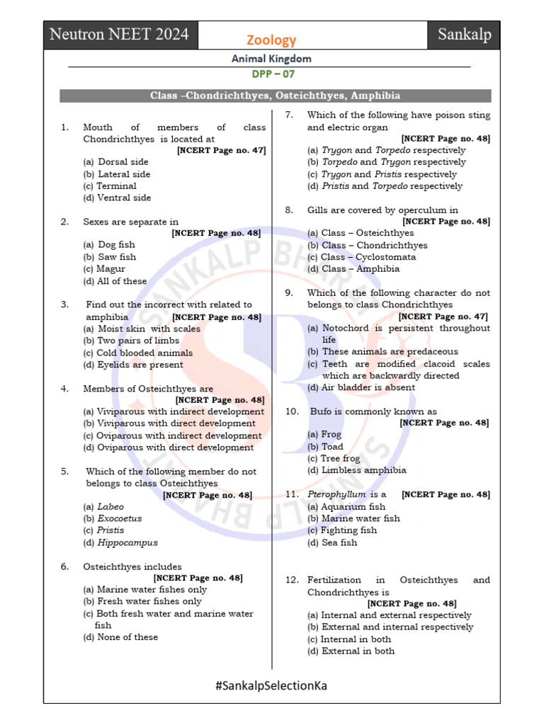 Zoology NEET 2024: Chondrichthyes & Amphibia Quiz | PDF | Amphibian | Fish