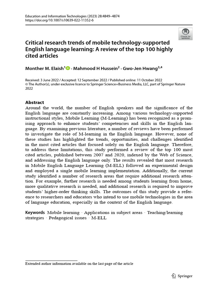 Critical research trends of mobile technology-supported English language learning- A review of ...