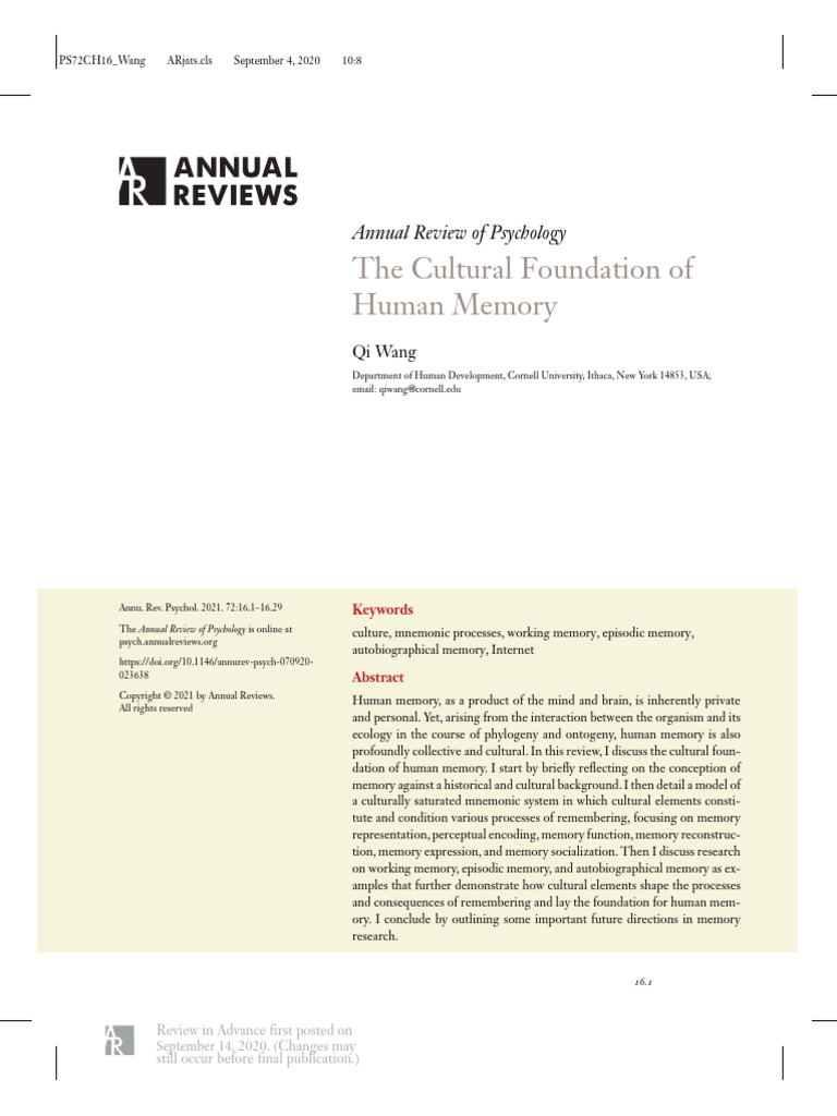 2021, The Cultural Foundation of Human Memory, Annual Review of Psychology | PDF | Recall ...