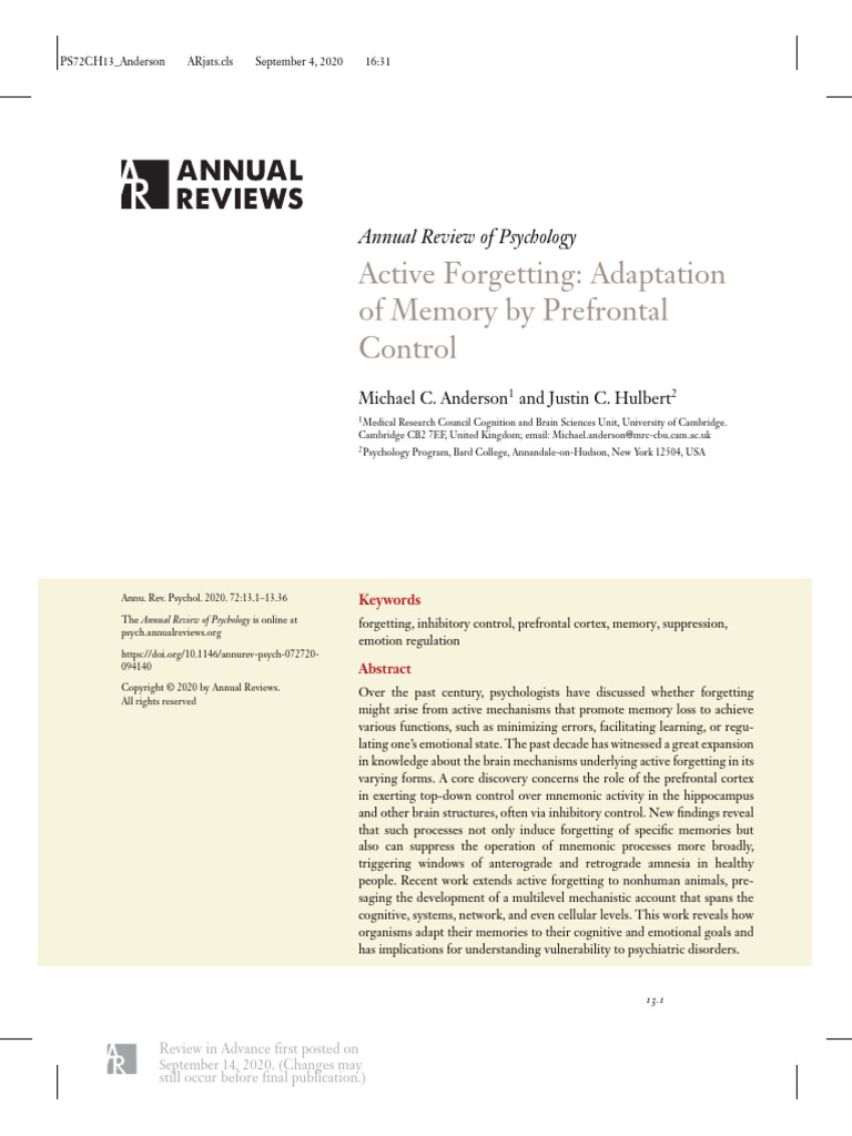 2021, Active Forgetting - Adaptation of Memory by Prefrontal Control, Annual Review of ...