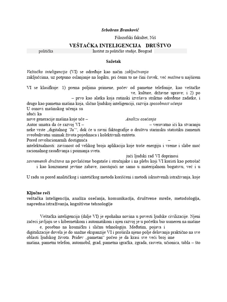 Vestacka Inteligencija I Drustvo | PDF