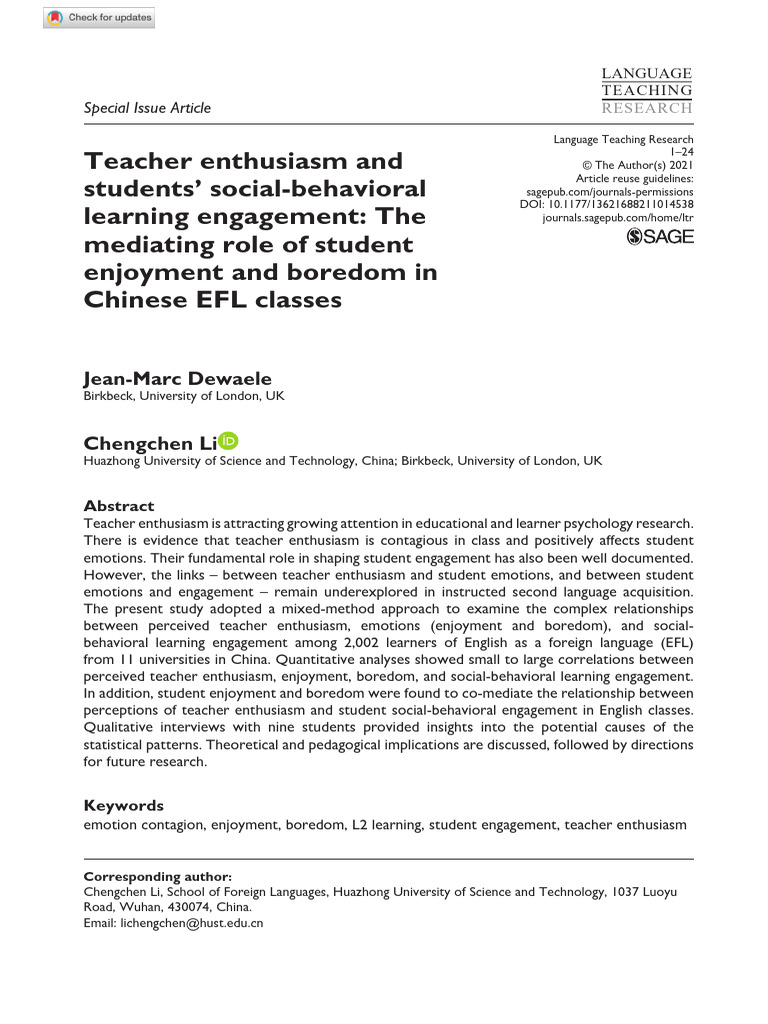 Teacher Enthusiasm and Students' Social-Behavioral Learning Engagement ...