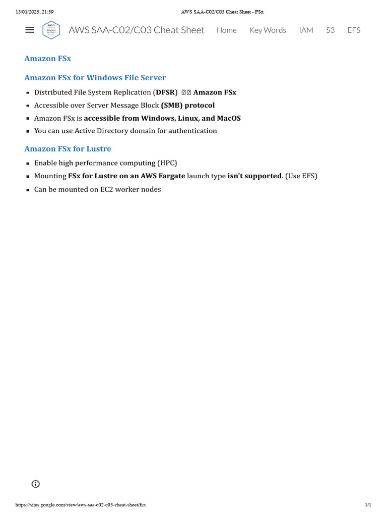 AWS SAA-C02 - C03 Cheat Sheet - FSX | PDF