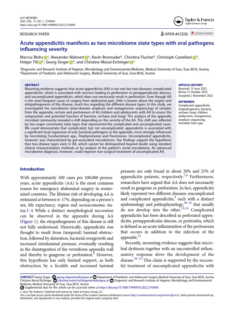 Acute Appendicitis Manifests As Two Microbiome Sta | PDF | Infection ...