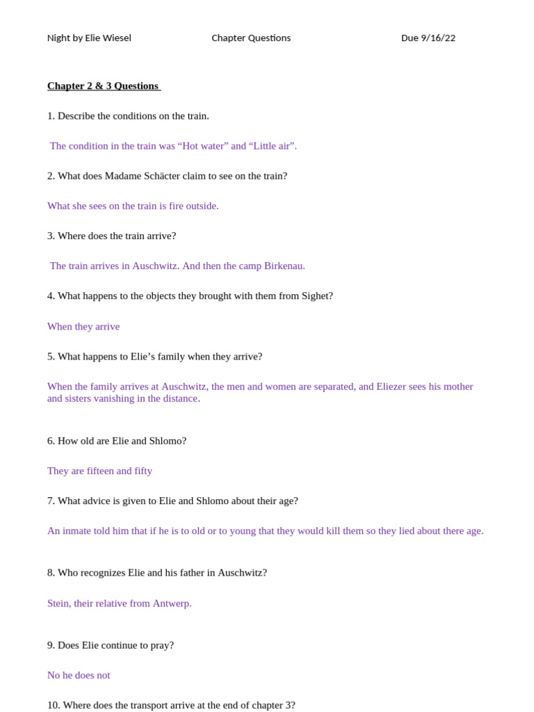 Night Chapter 2&3 Questions | PDF