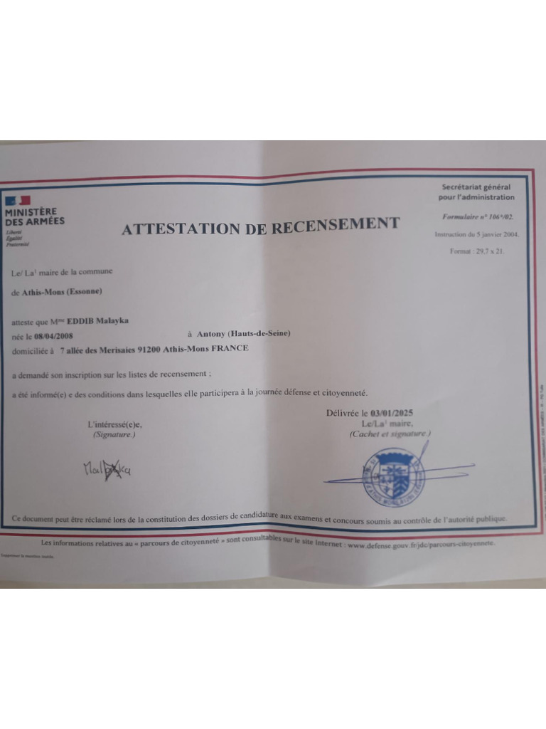 Attestation Recensement Mairie _ Attestation De Recensement À Imprimer ...