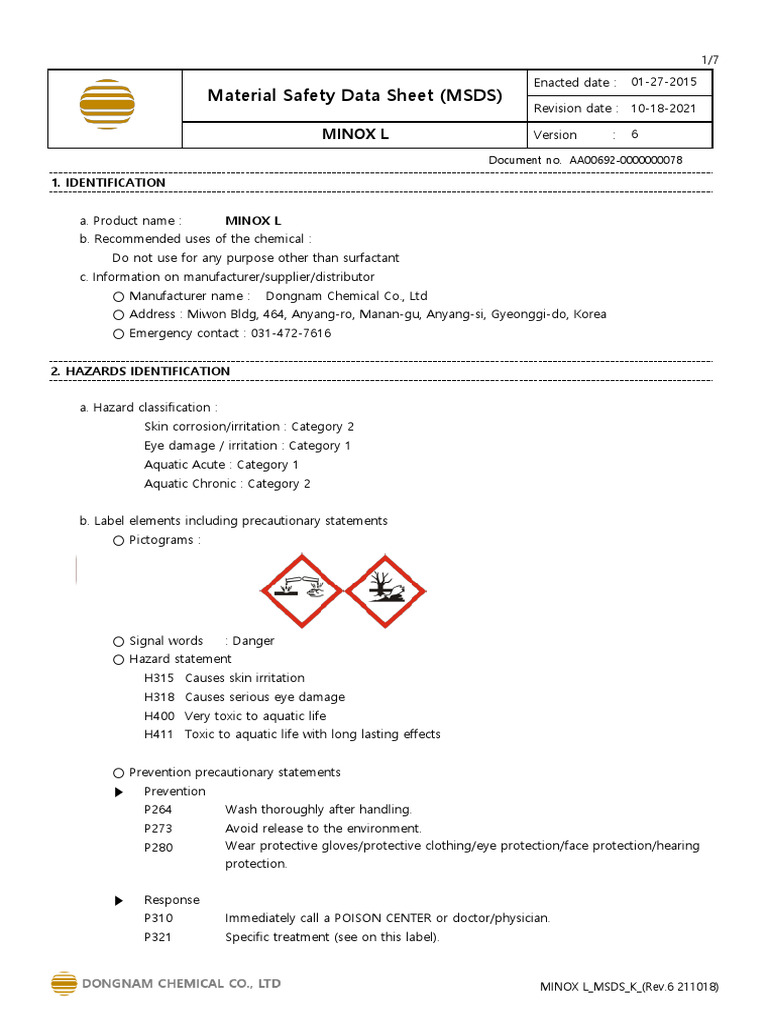 MINOX L - MSDS - E - (Rev.6 211018) | PDF | Water | Firefighting