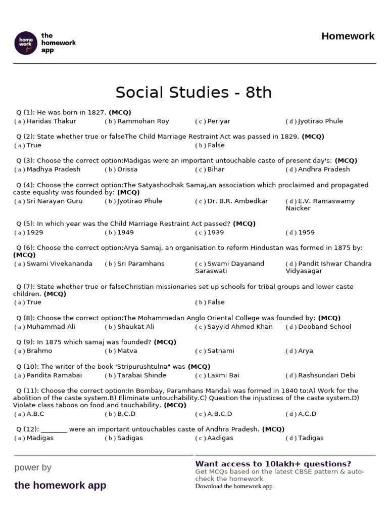 8th Grade Social Studies MCQs | PDF