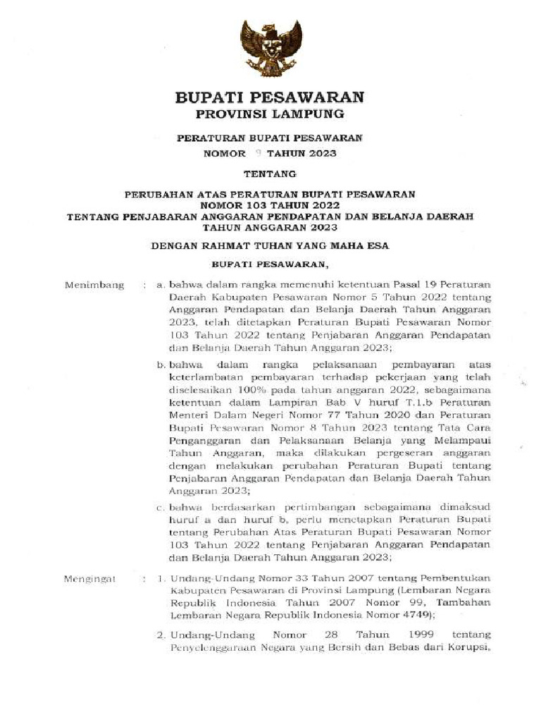 Perbup Pesawaran No 9 Tahun 2023 | PDF