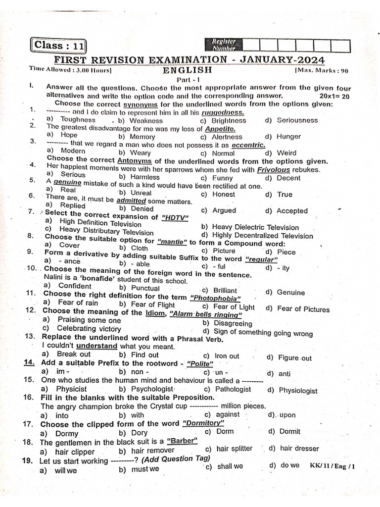 11th English First Revision Exam 2024 Question Paper Kallakurichi ...