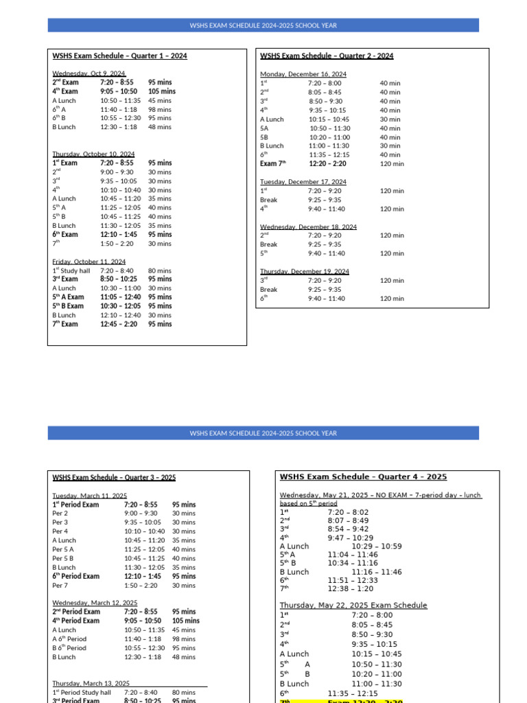 WSHS Final Exam Schedule 2024-2025 | PDF