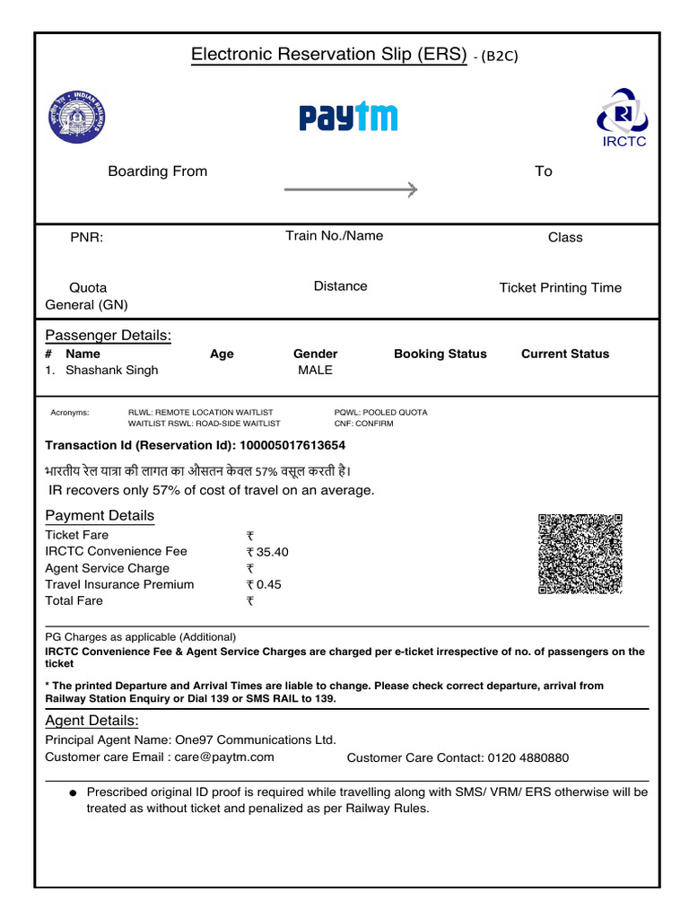 Paytm IRCTC 2AC Ticket To Gurgaon | PDF | Identity Document