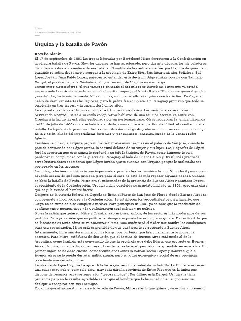 Urquiza y La Batalla de Pavon Por Rogelio Alaniz | PDF | América del ...