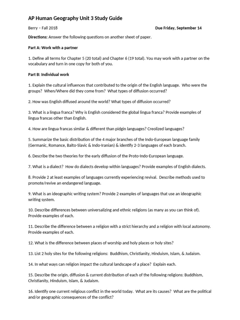 AP Human Geography Unit 3 Study Guide Fall 2018 | PDF