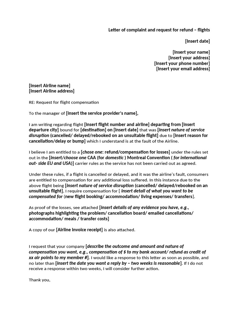 Complaint Template Flights | PDF | Airlines | Aviation