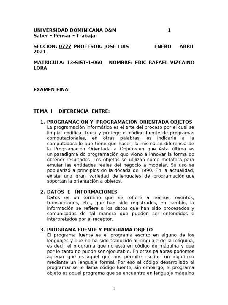Ex. Final Prog. Orientada a Obj. Eric R. Vizcaíno Lora 13-SIST-1-060 | PDF | Programa de ...