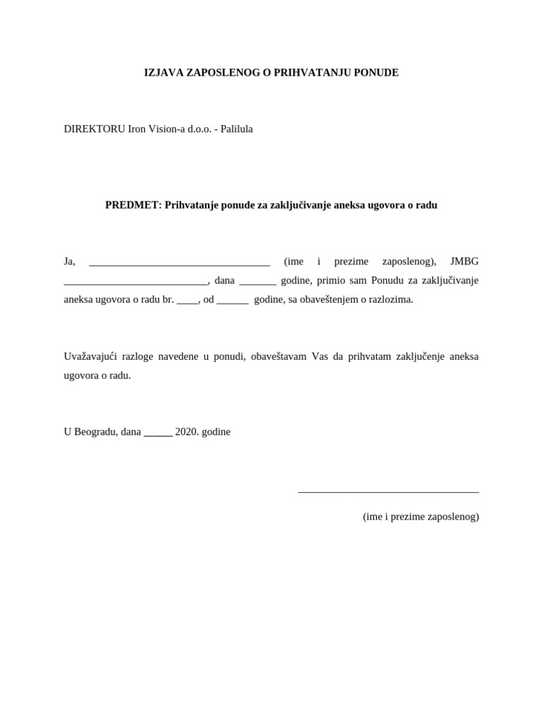 Izjava Zaposlenog o Prihvatanju Ponude | PDF