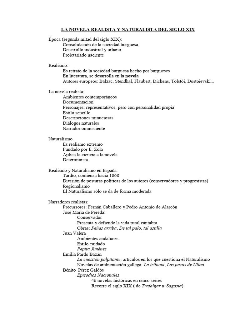 LA NOVELA REALISTA Y NATURALISTA DEL SIGLO XIX - Esquema | PDF ...