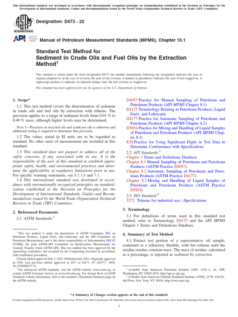 ASTM D473: Sediment in Oils Test Method | PDF | Petroleum | Water