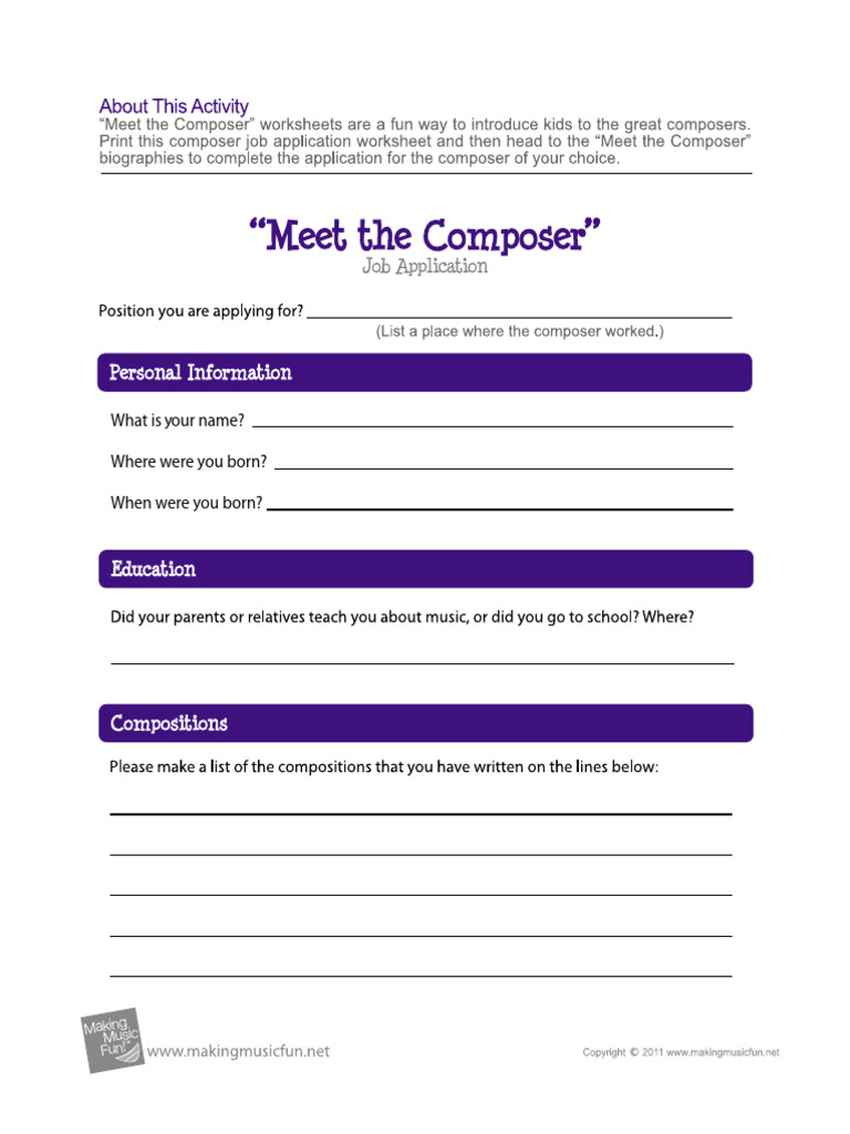 Composer Employment Application Worksheet | PDF