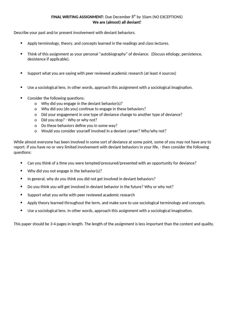 Final Writing Assignment - We Are All Deviant - Assignment-1 | PDF