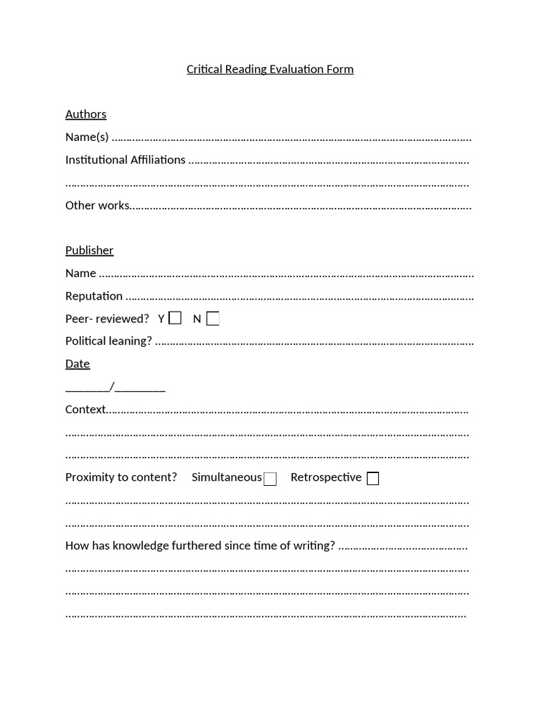 Critical Reading Sheet | PDF