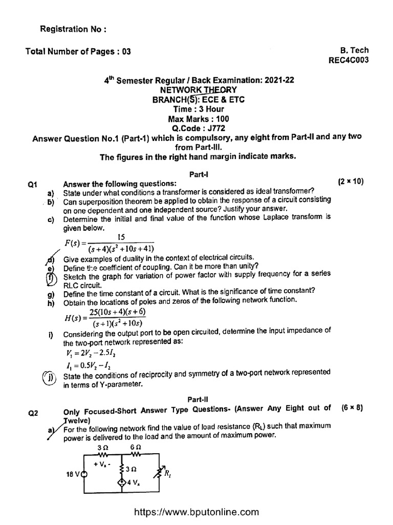 Btech Ece Etc 4 Sem Network Theory Rec4c003 2022 | PDF