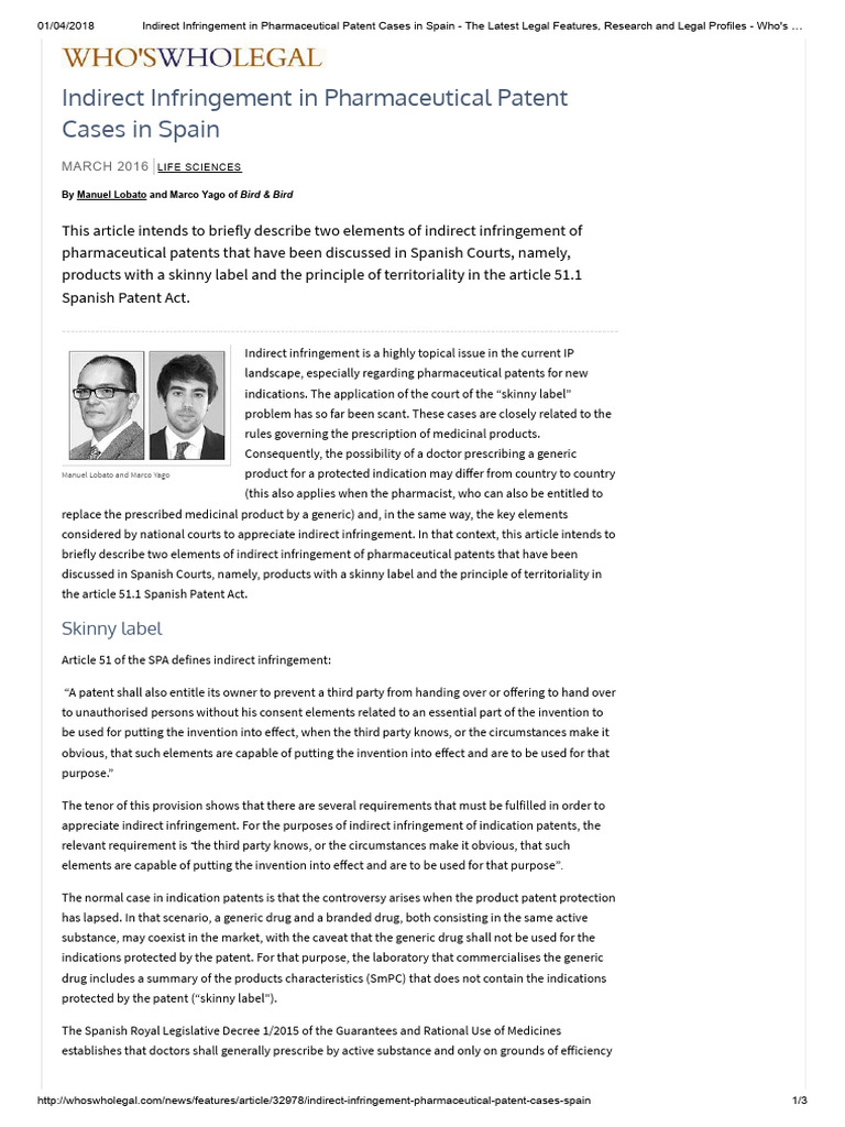 Indirect Infringement in Pharmaceutical Patent Cases in Spain - The ...