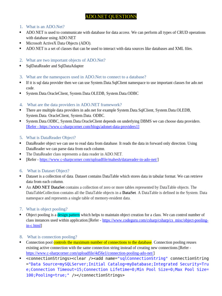 ADO.NET QA | PDF | Databases | Xml Schema ADO.NET QA | PDF | Databases | Xml Schema