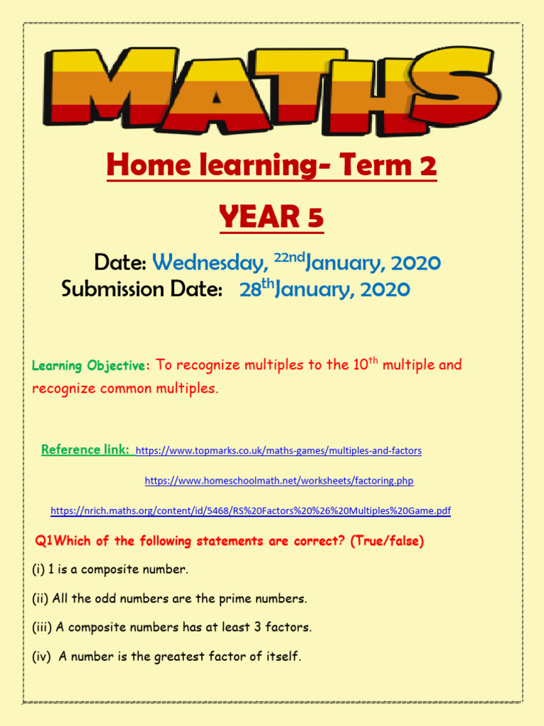 YR5 22nd Jan Maths Home Learning - 2020 3 | PDF