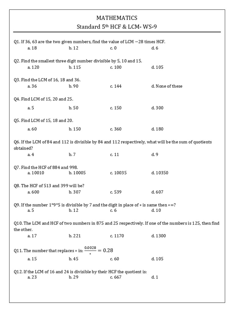 5th HCF& LCM- WS-9 | PDF | Arithmetic | Elementary Mathematics