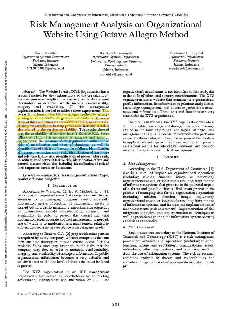 2020 Risk Management Analysis On Organizational Website Using Octave ...