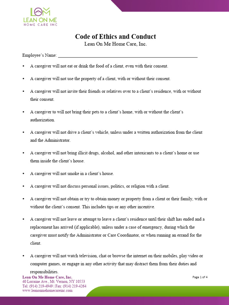 Code of Ethics and Conduct - Lean On Me Home Care Inc - v092024 | PDF ...