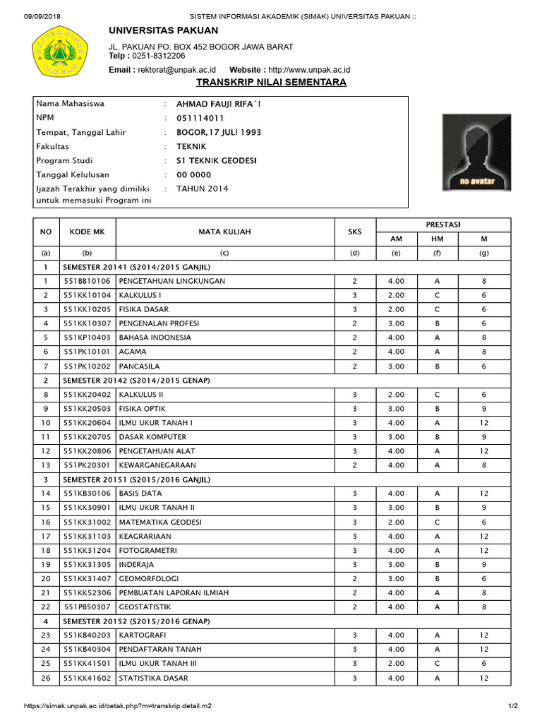 TRANSKRIP NILAI SEMENTARA A B C D e F G | PDF