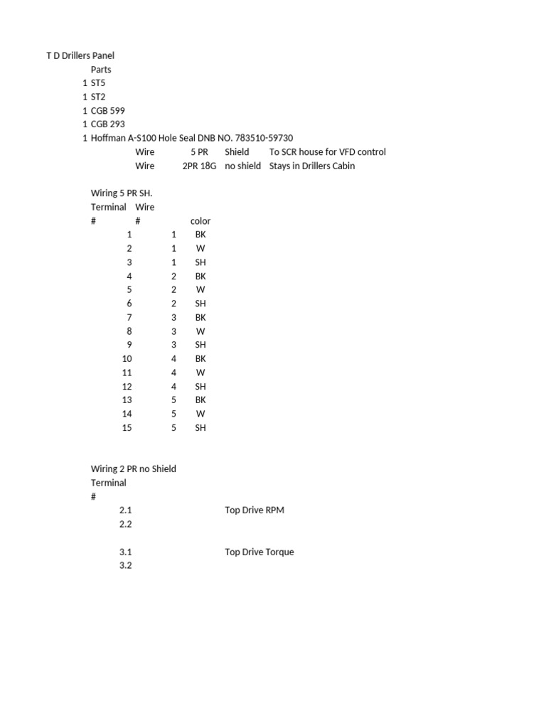 TD Drillers Panel Wiring | PDF