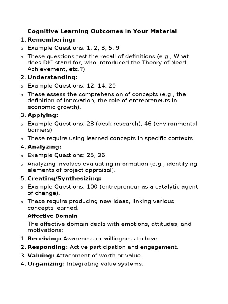 Cognitive Learning Outcomes in Your Material | PDF
